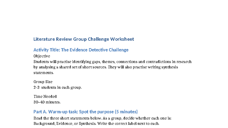 LIT 101: Evidence Detective Challenge Worksheet for Literature Review ...