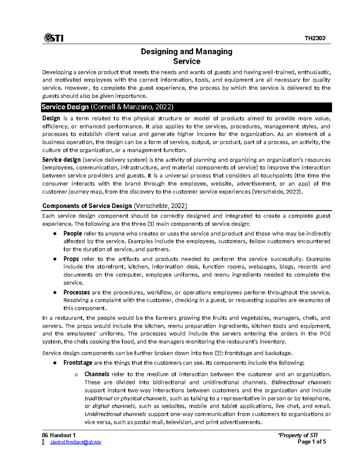Designing and Managing Service: A Comprehensive Guide (STI 06 Handout 1 ...