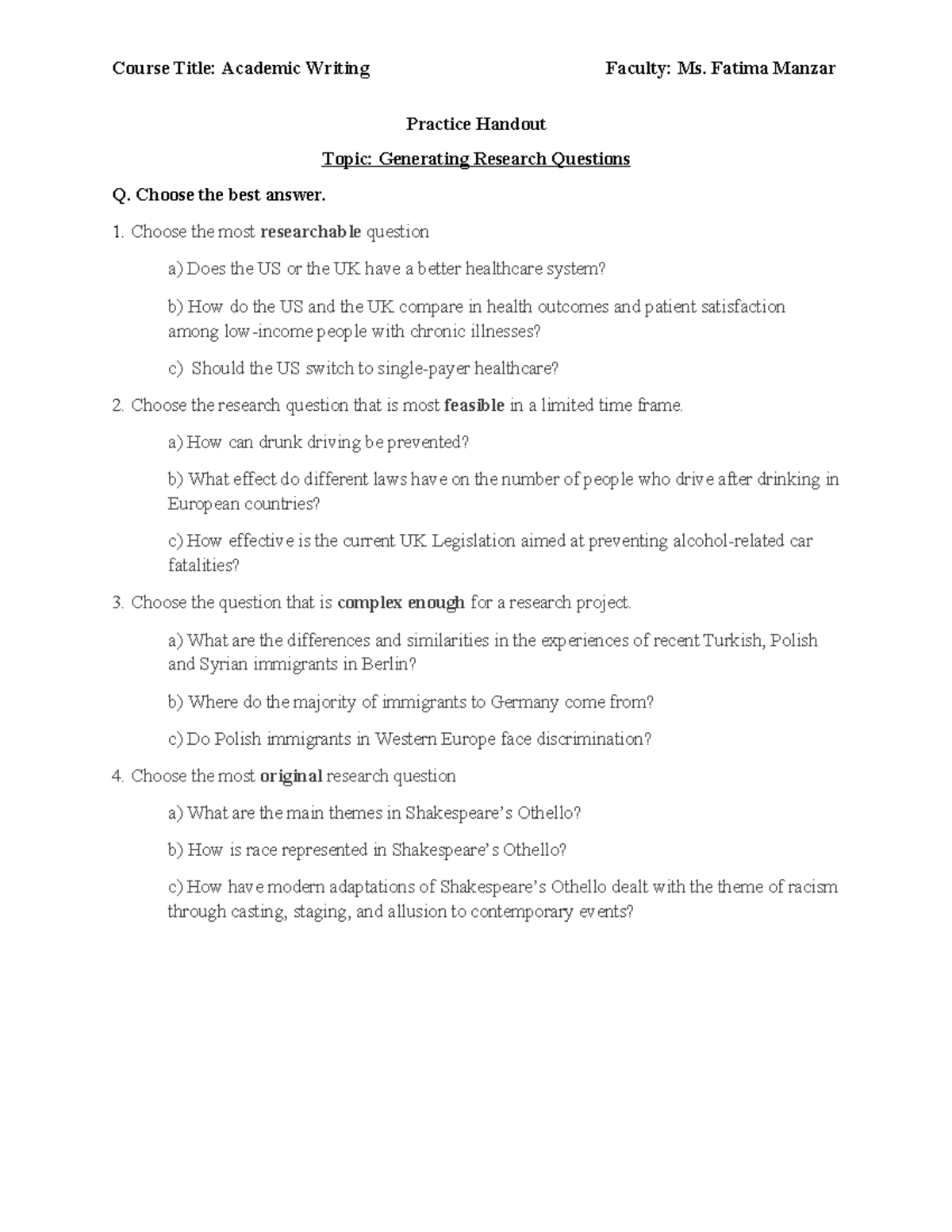 Practice Handout - Course Title: Academic Writing Faculty: Ms. Fatima ...