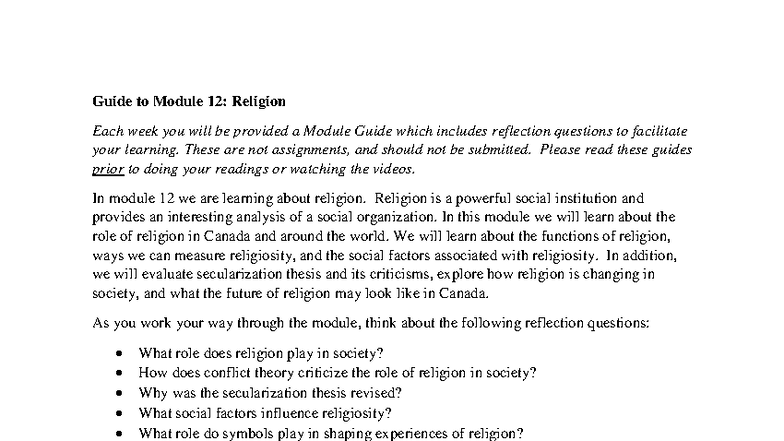 Module 12 Guide: Exploring Religion's Role in Society - Studocu