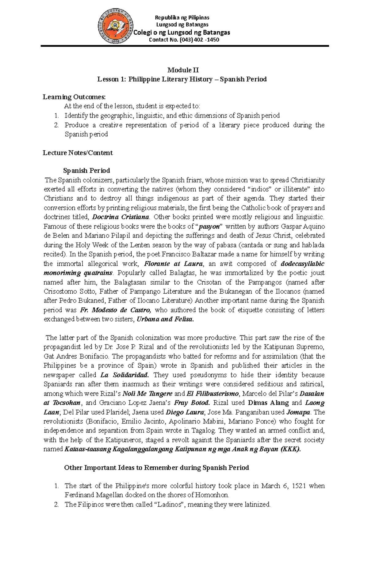 Module II - Lecture on Philippine Literary History: Spanish Period ...