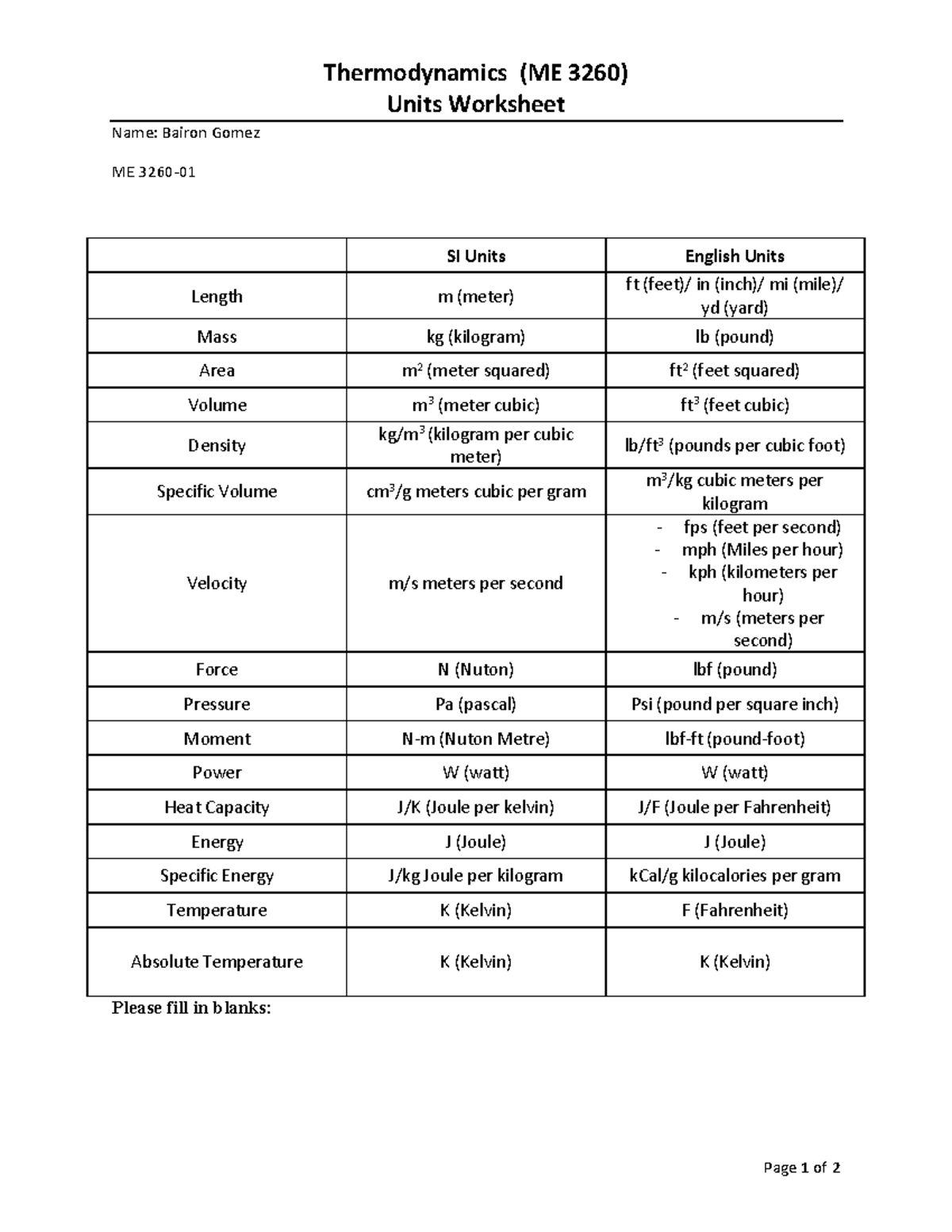 Thermodynamics Units Worksheet (ME 3260) - Assignment 1 - Studocu