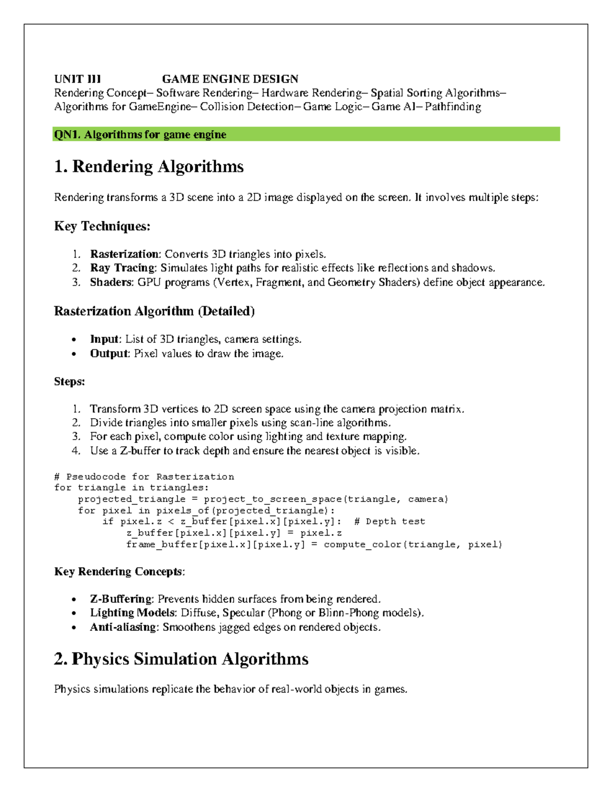 UNIT 3 GD - good - UNIT III GAME ENGINE DESIGN Rendering Concept ...
