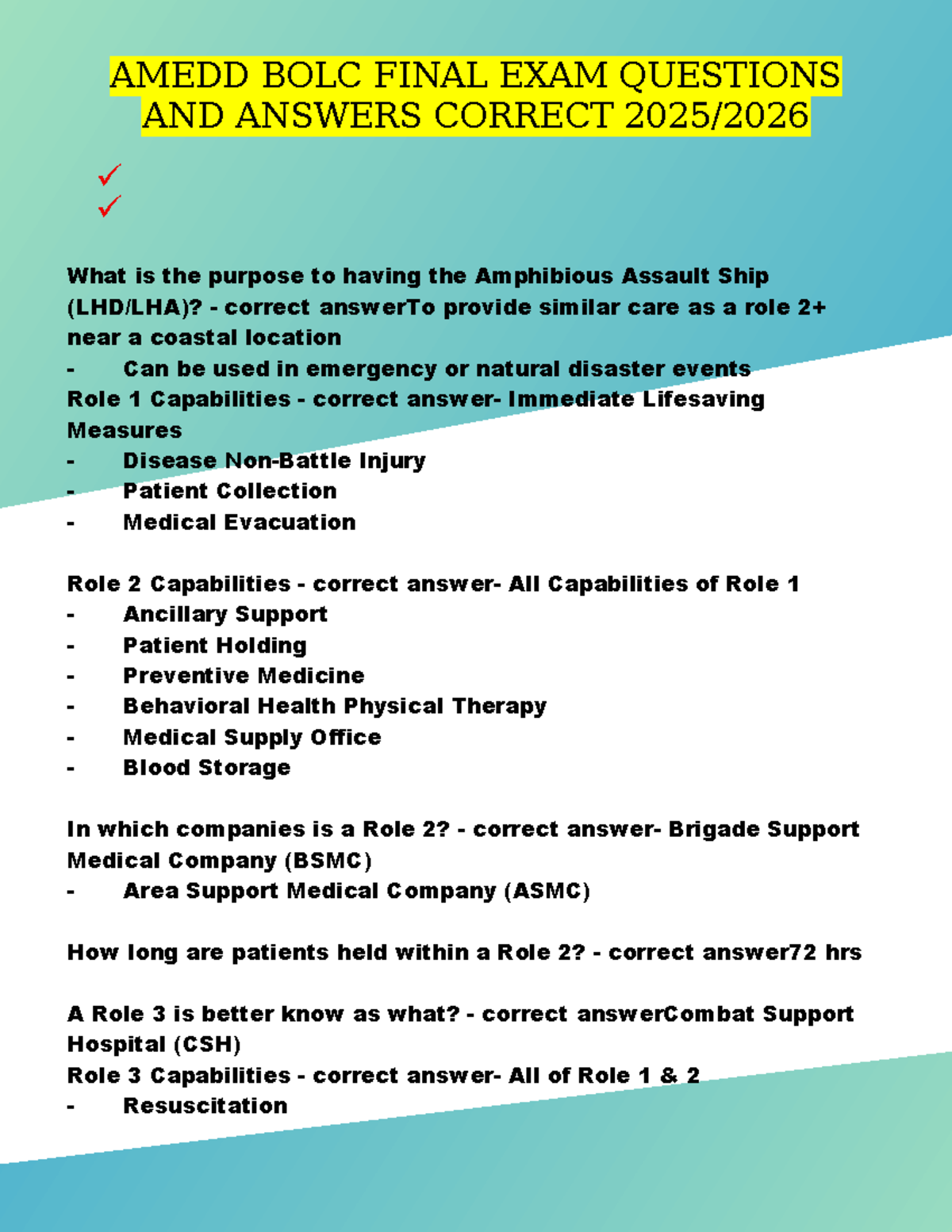 AMEDD BOLC FINAL EXAM: Key Questions & Answers Guide - Studocu
