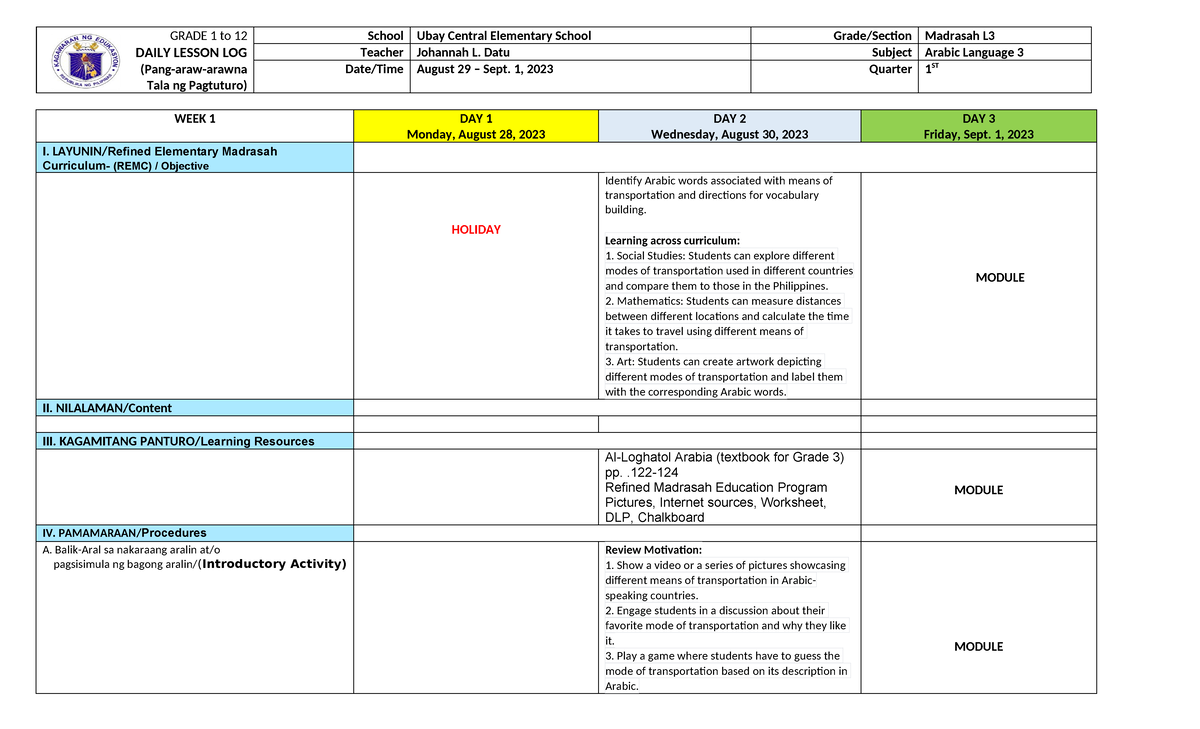 Arabic Language Lesson Plan for Q1 Week 1 Activities - Studocu