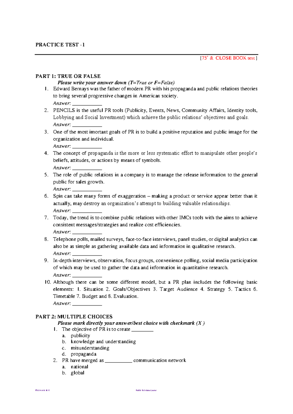 PR - Midterm Practice Test with True/False & MCQ Sections - Studocu