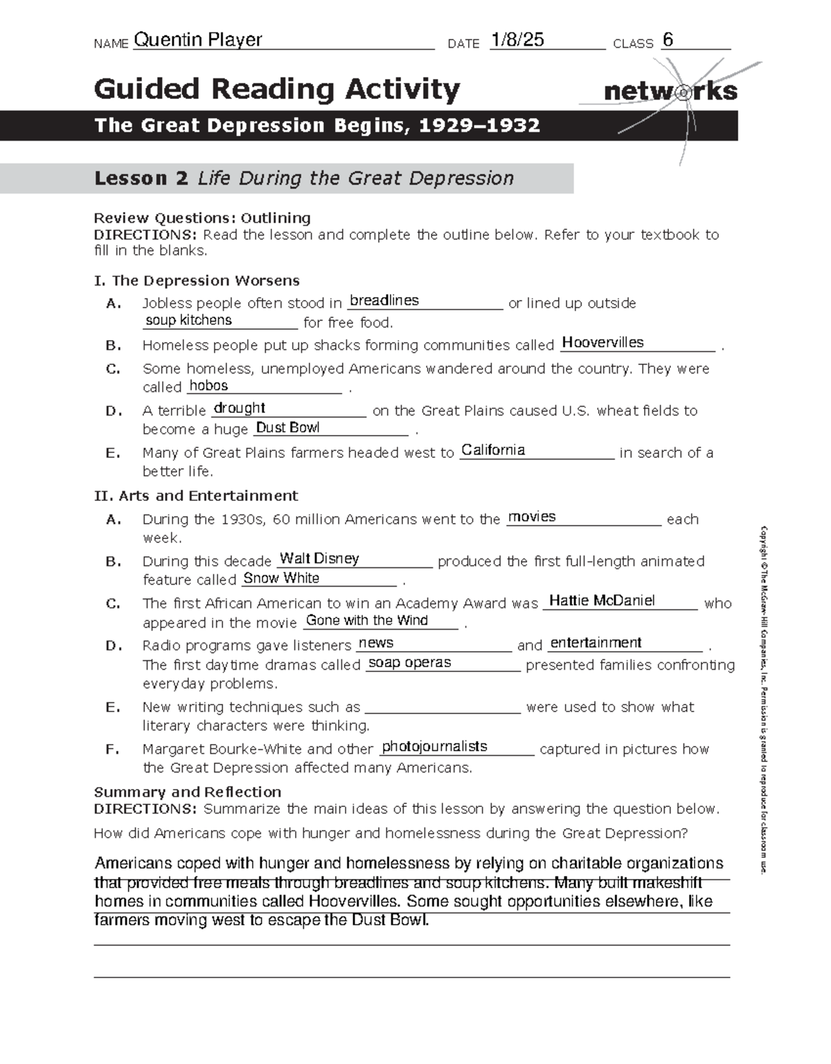 Guided Reading Activity: The Great Depression Begins - Lesson 2 Notes ...