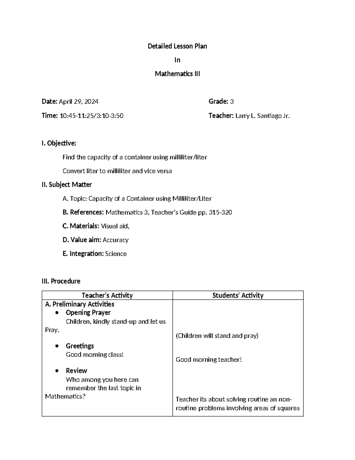 Math III Detailed Lesson Plan: Capacity of Containers (mL/L) - Studocu