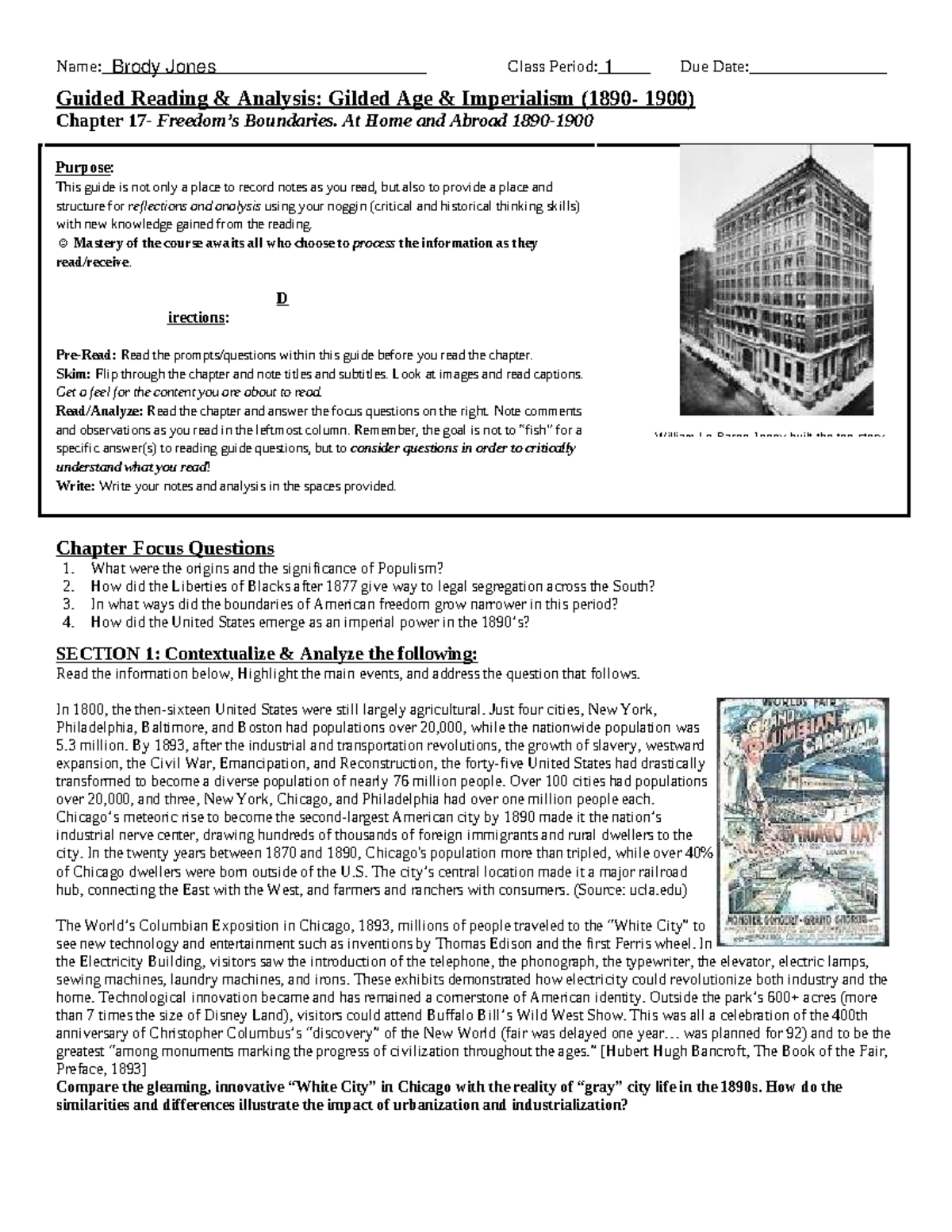 Guided Reading Analysis: Gilded Age Imperialism (HIST 1900) Chapter 17 ...