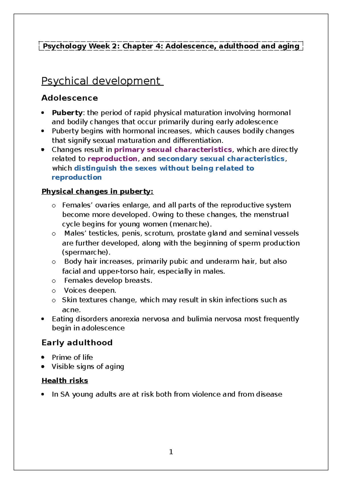 Psychology 101: Week 2 Notes on Adolescence, Adulthood & Aging - Studocu