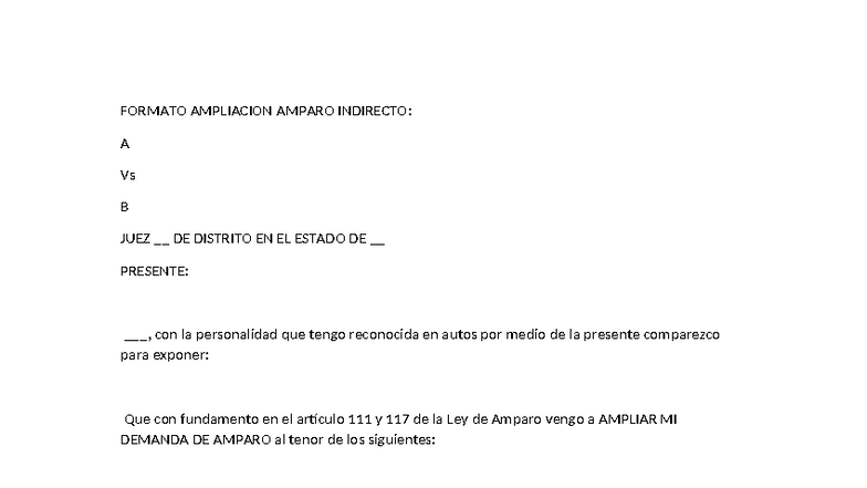 Formato Básico de Ampliación en Amparo Indirecto: A Vs B - Studocu