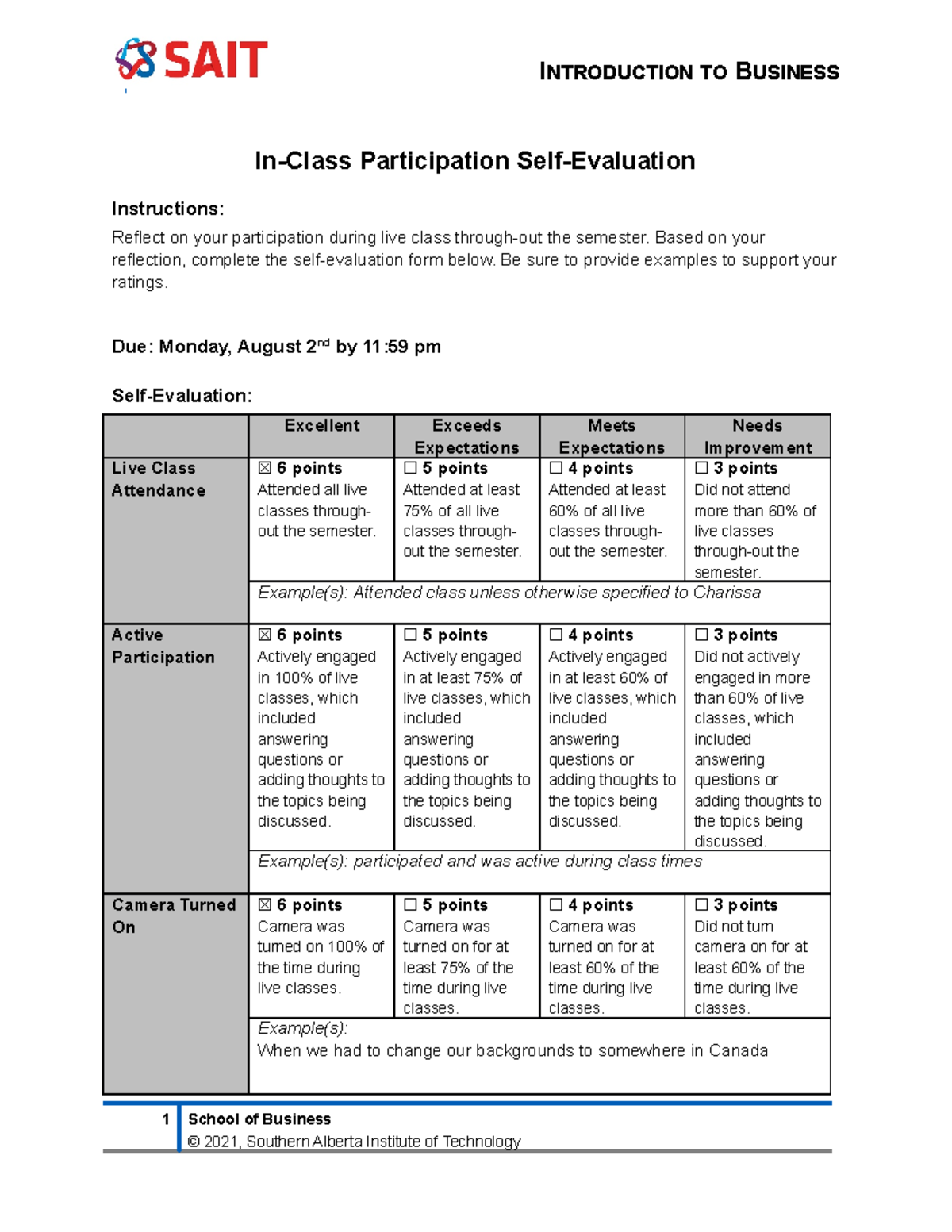 In-Class Participation Self Evaluation - INTRODUCTION TO BUSINESS In ...