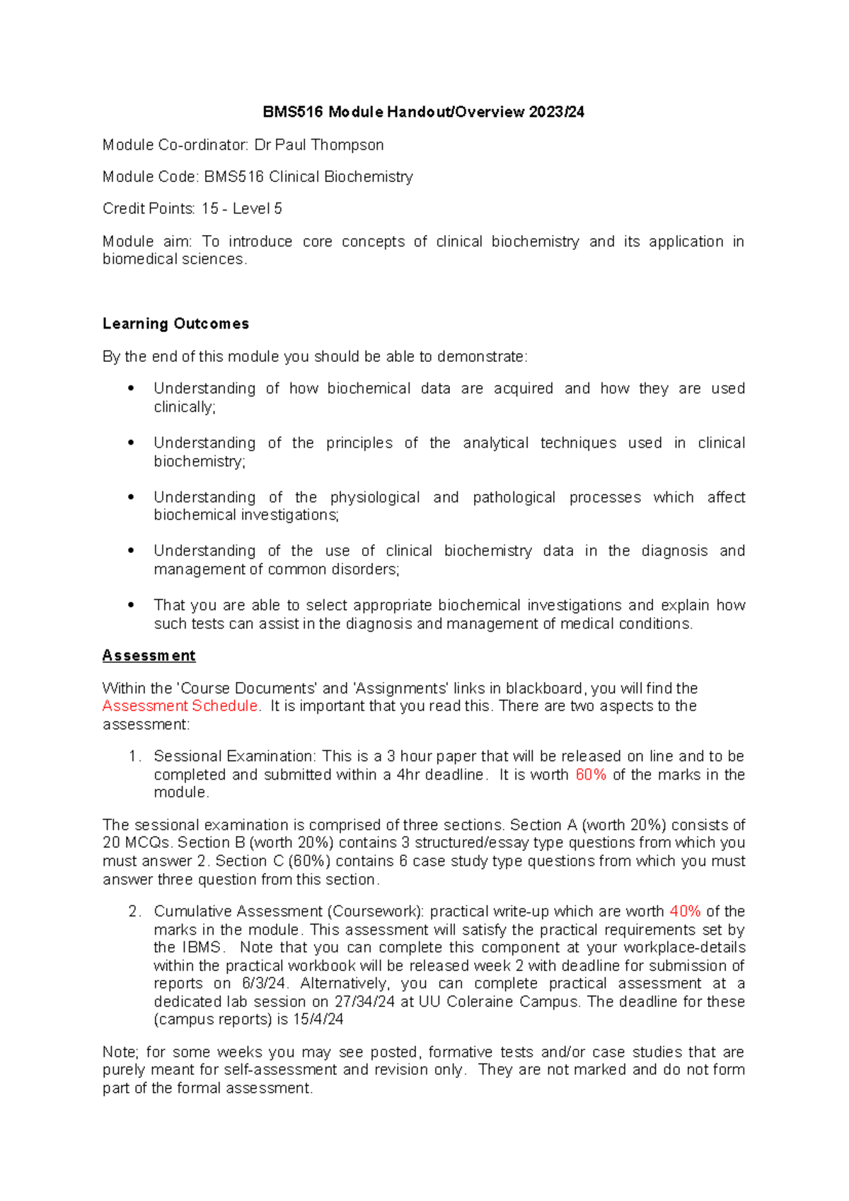 BMS516 Clinical Biochemistry Module Overview and Handout 2024 - Studocu