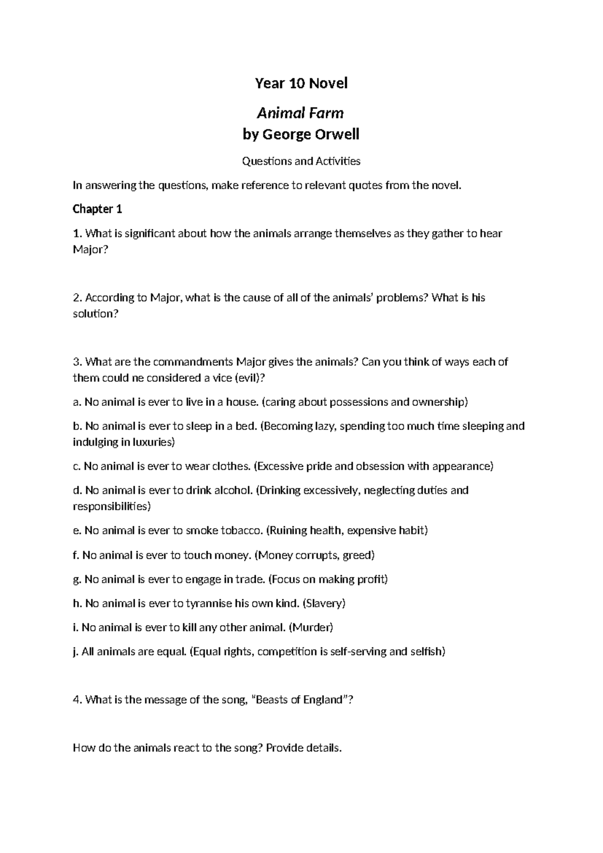 Year 10 Animal Farm Study Questions & Activities Guide - Studocu