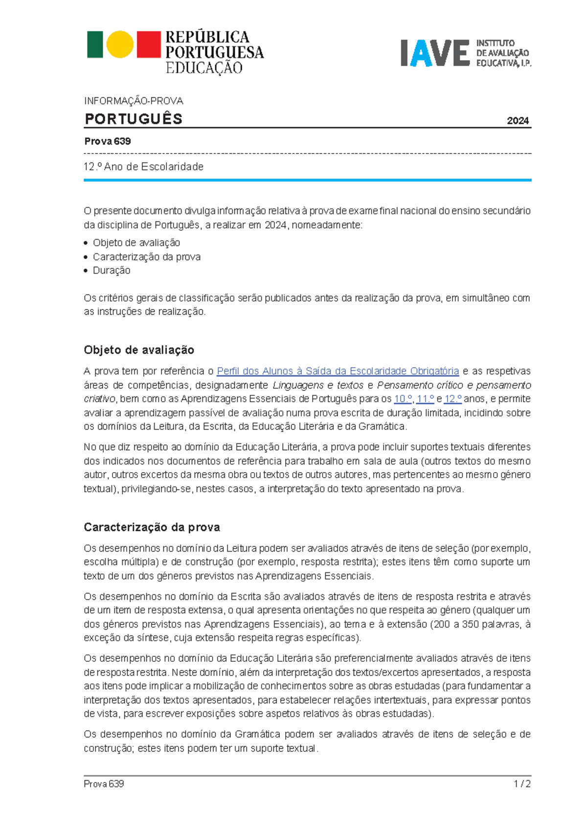 Exame Nacional Português 2024 Informação Prova - Prova 639 1 / 2 O ...