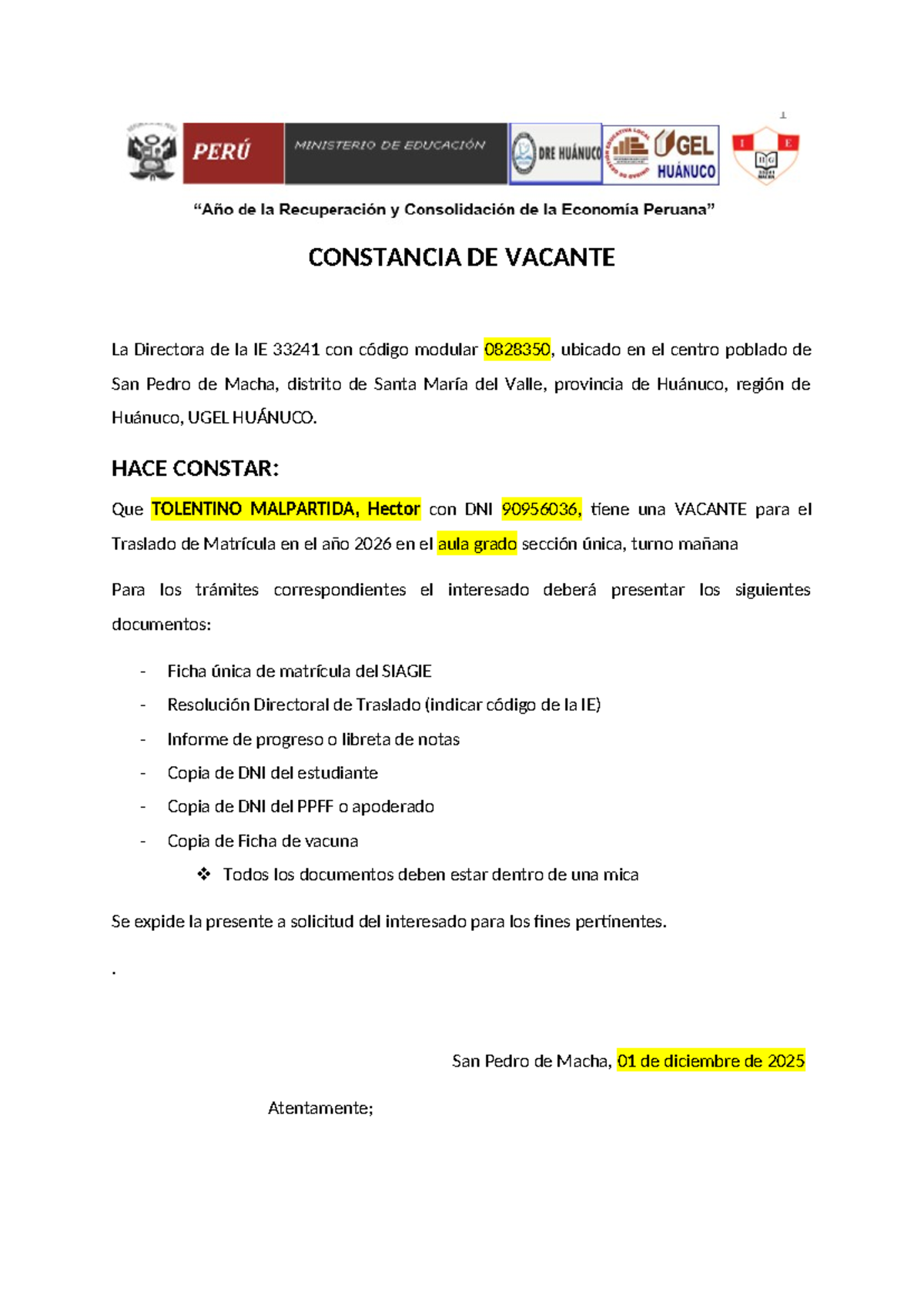 CONSTANCIA DE VACANTE - IE 33241, San Pedro de Macha, 2026 - Studocu