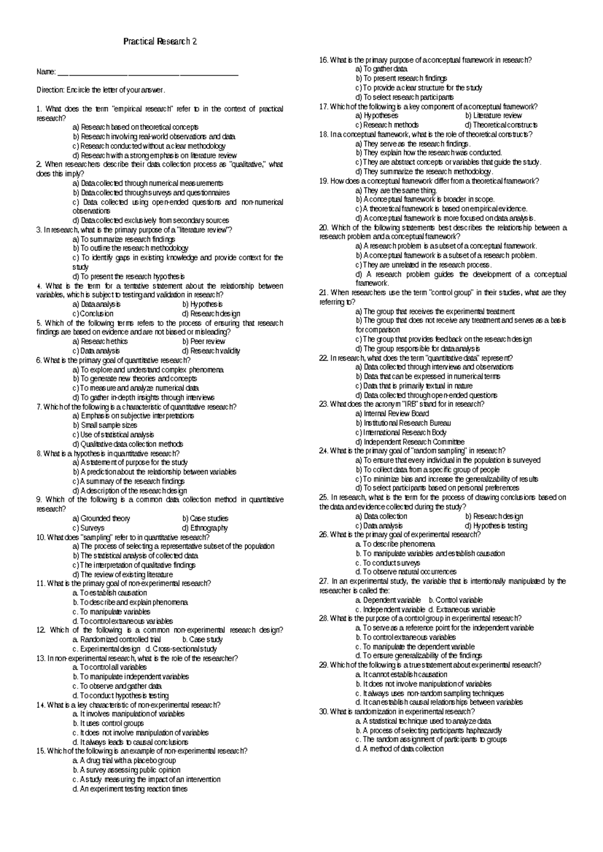 Practical Research 2 - Assessment Questions and Answers Guide - Studocu