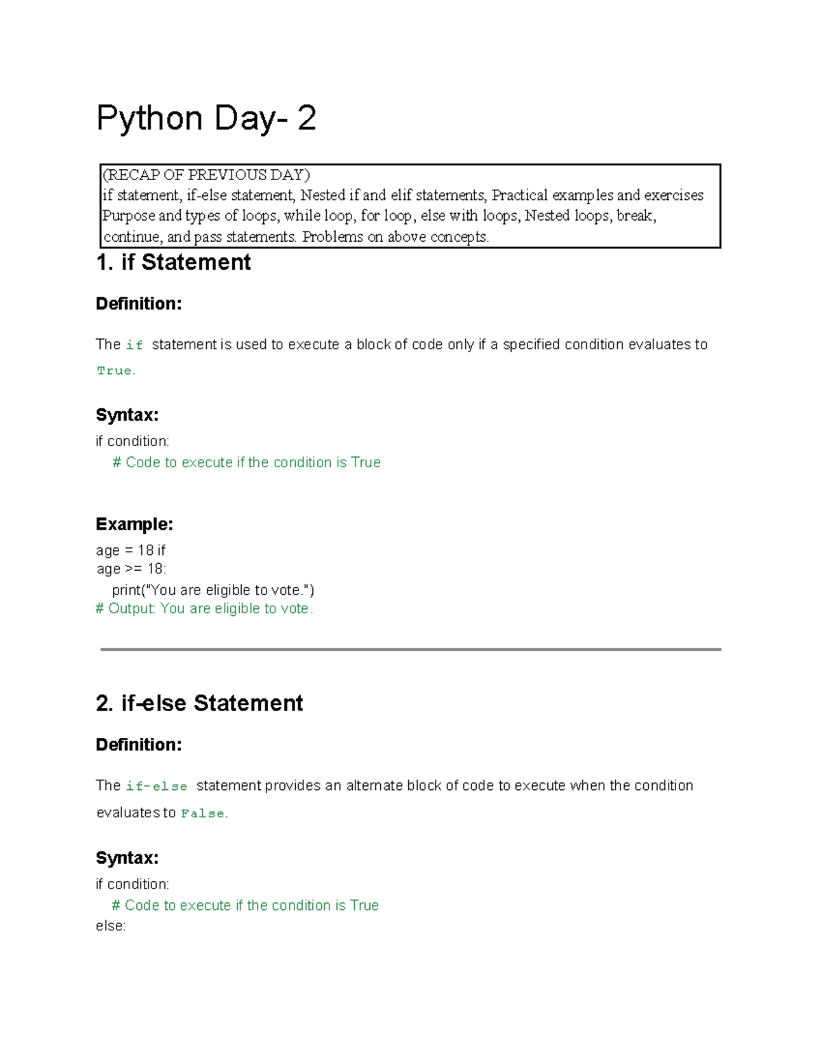 Python 2: Recap on If Statements, Loops, and Practical Exercises - Studocu
