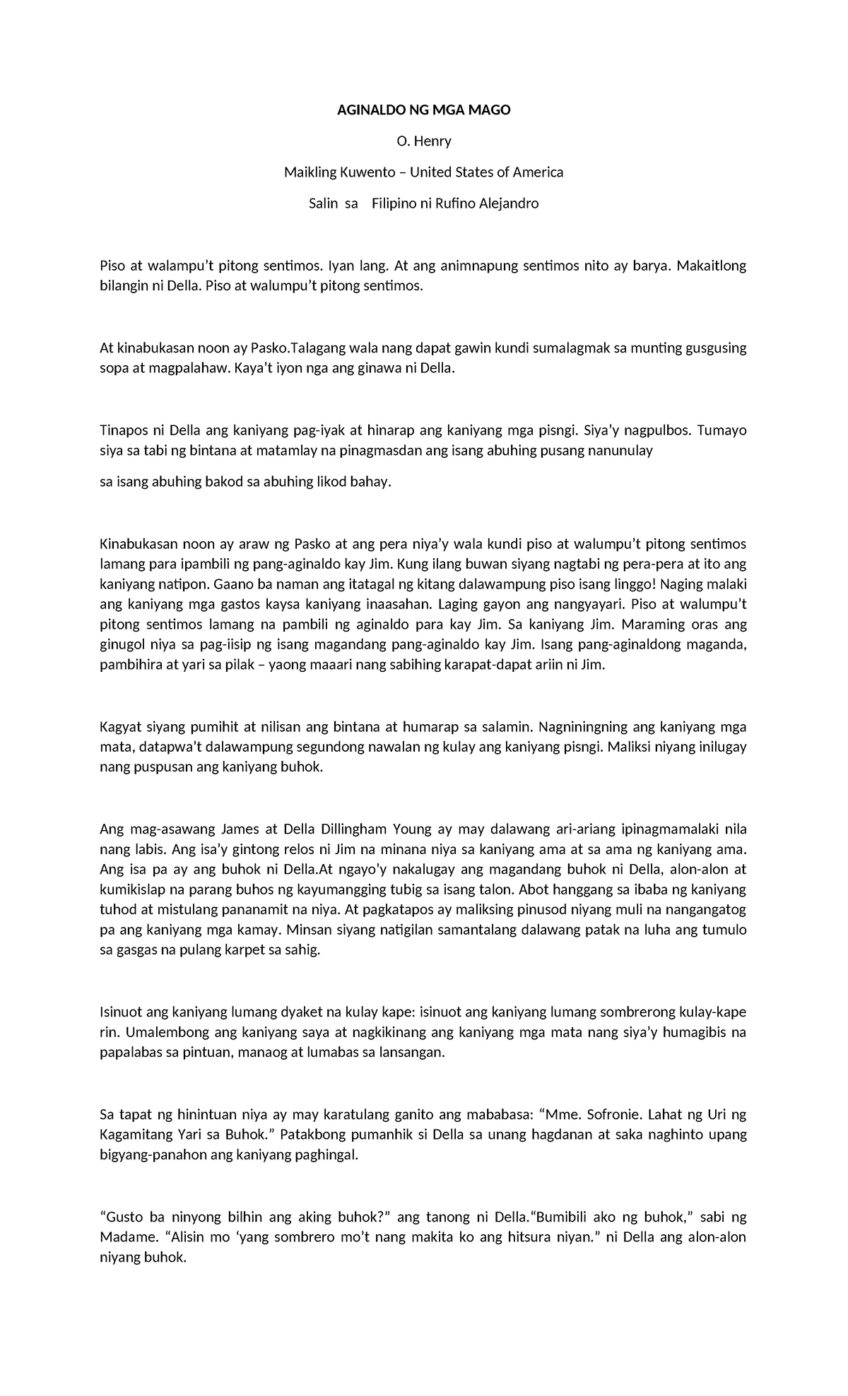 Aginaldo ng mga Mago: Kuwento ni O. Henry (Salin ni Rufino Alejandro ...