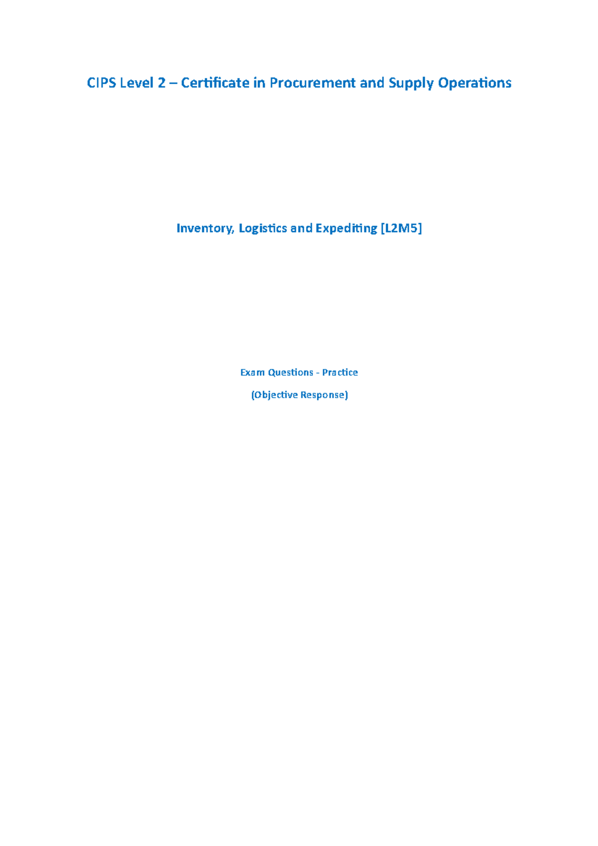 Inventory and Logistics Exam Practice - L2M534 - Q&A Paper - Studocu