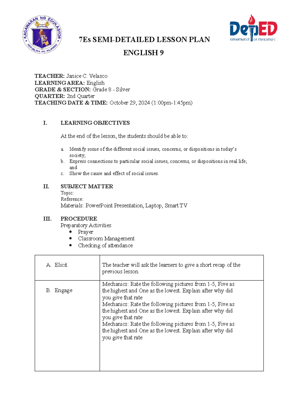 Grade 8 English 9 Semi-Detailed Lesson Plan on Social Issues - Studocu