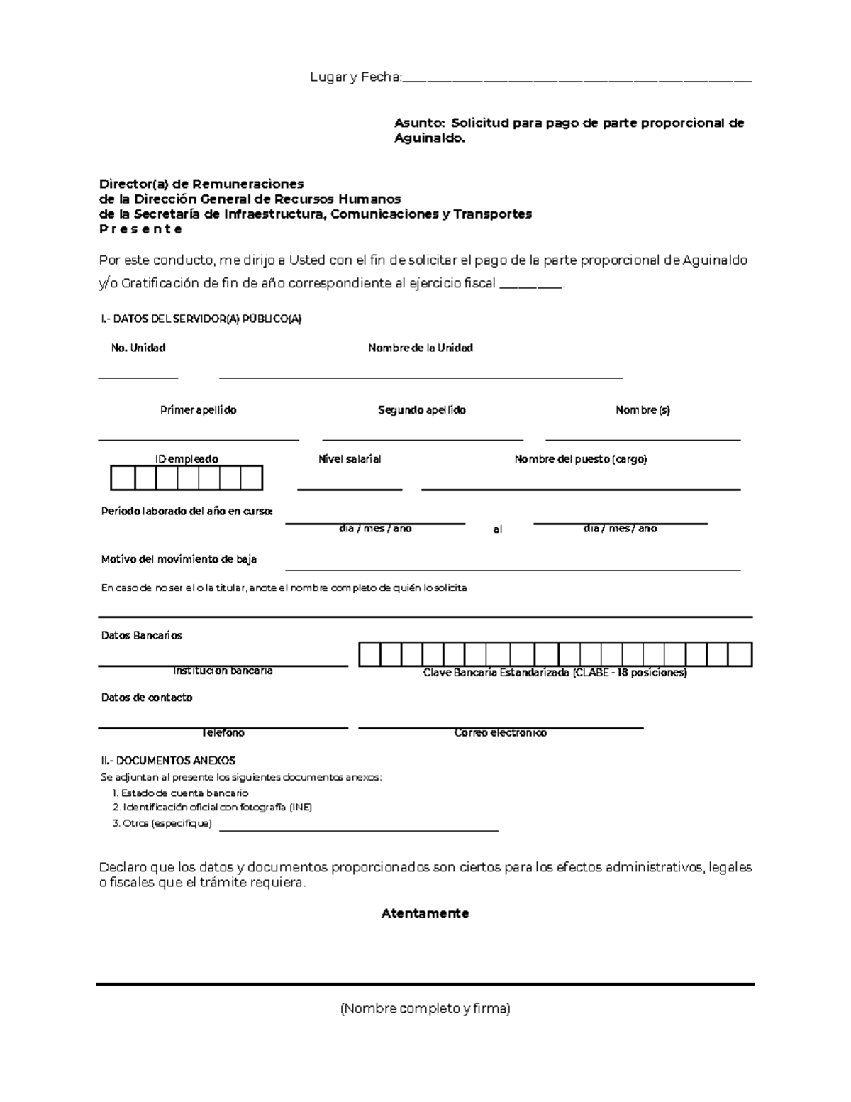 Anexo 2 Formato de Solicitud de parte proporcional de Aguinaldo - Lugar y - Studocu