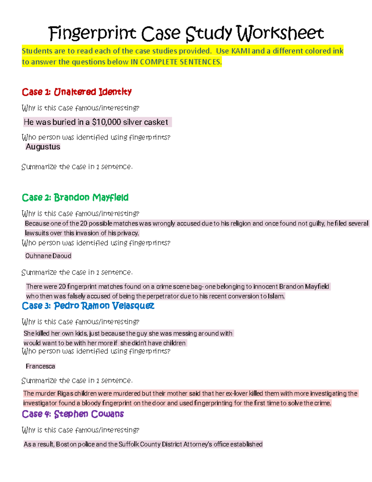 Fingerprint Case Study Worksheet - Complete Questions and Summaries ...