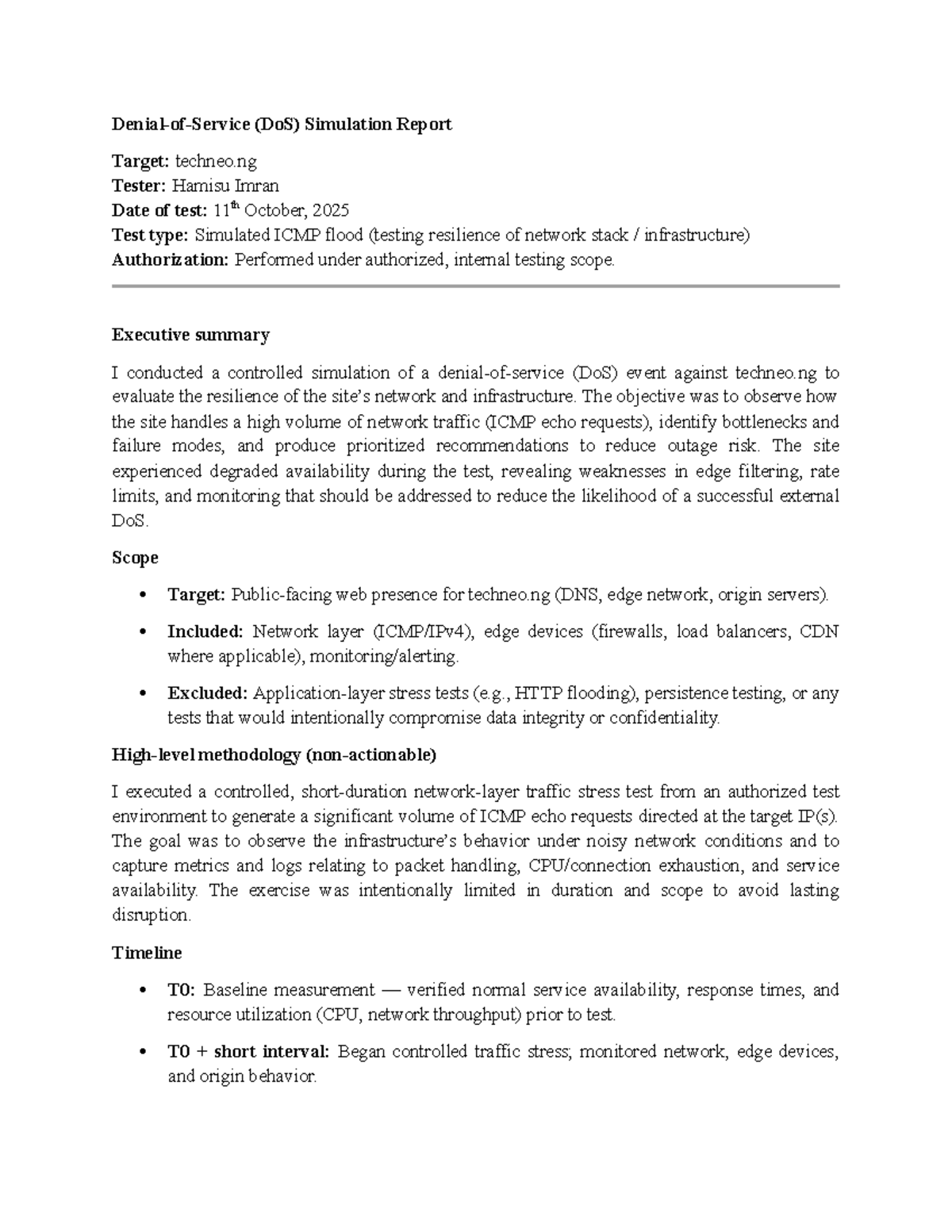 DoS Simulation Report Q3: Resilience Testing for techneo.ng - Studocu