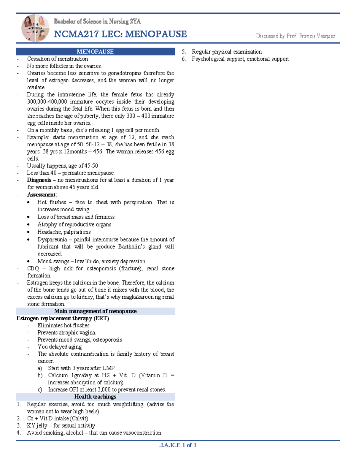 NCMA217 LEC: WK4 Menopause Overview and Management Notes - Studocu