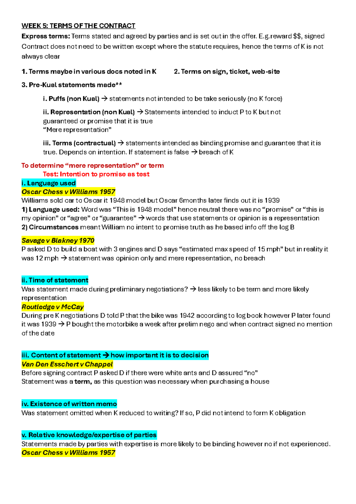 Exam notes - WEEK 5 : TERMS OF THE CONTRACT Express terms: Terms stated ...