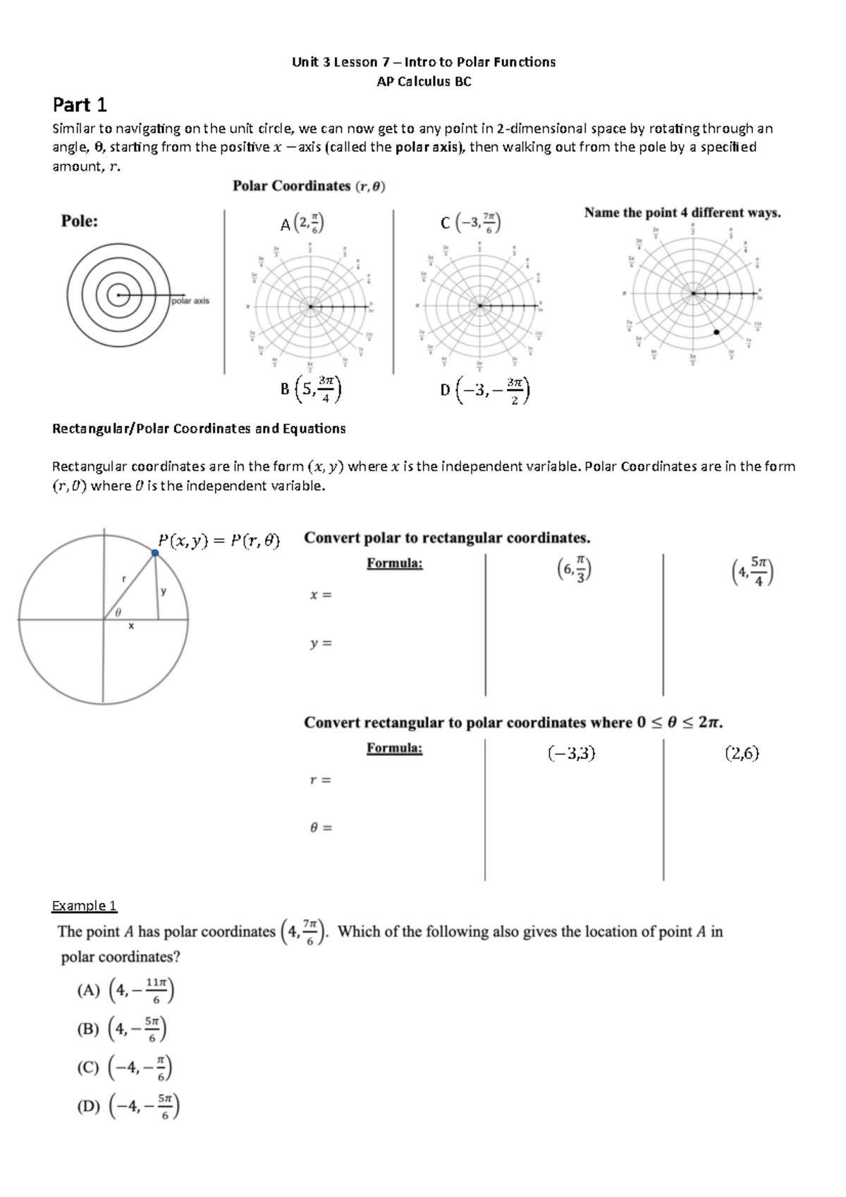 Unit 3 Lesson 7: Intro to Polar Functions in AP Calculus BC - Studocu