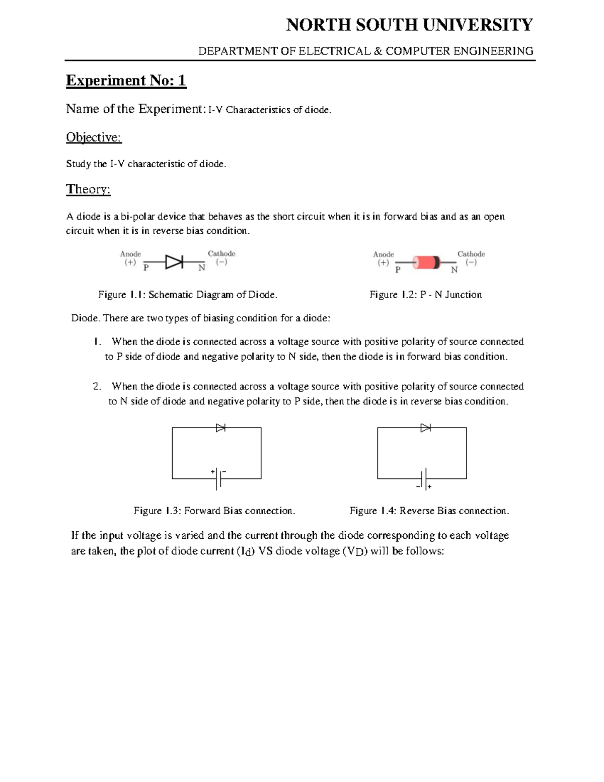 EEE 111 Lab Manual: Diode Characteristics Experiment Report - Studocu