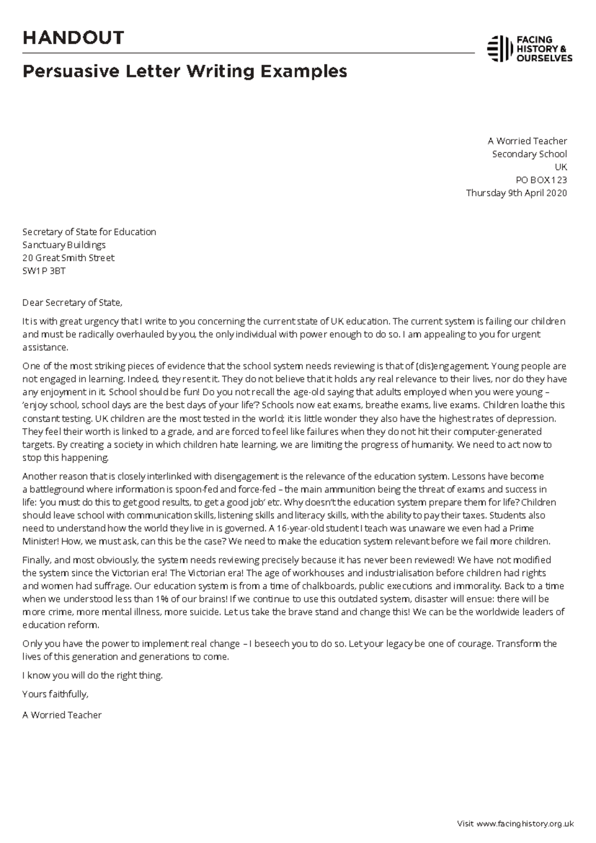 ENG 101: Persuasive Letter Writing Examples for Education Reform ...