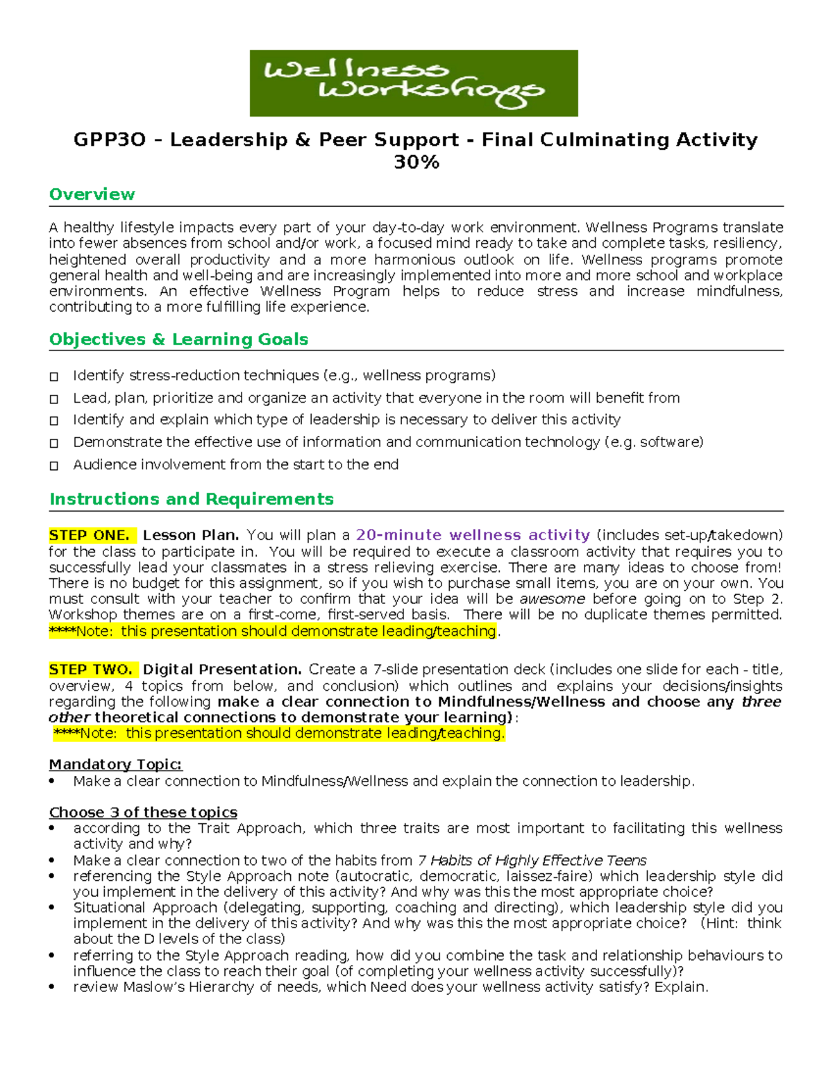 GPP3O - Final Culminating Activity: Wellness Leadership Project 2024 ...