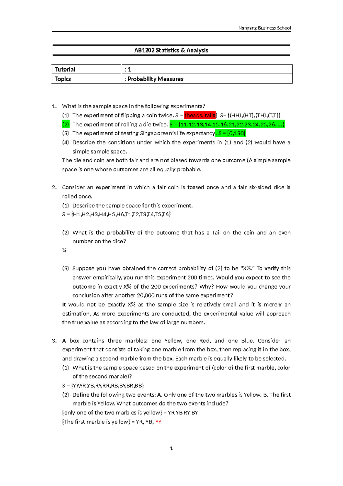 AB1202 Statistics Analysis: Week 1 Tutorial on Probability Measures ...