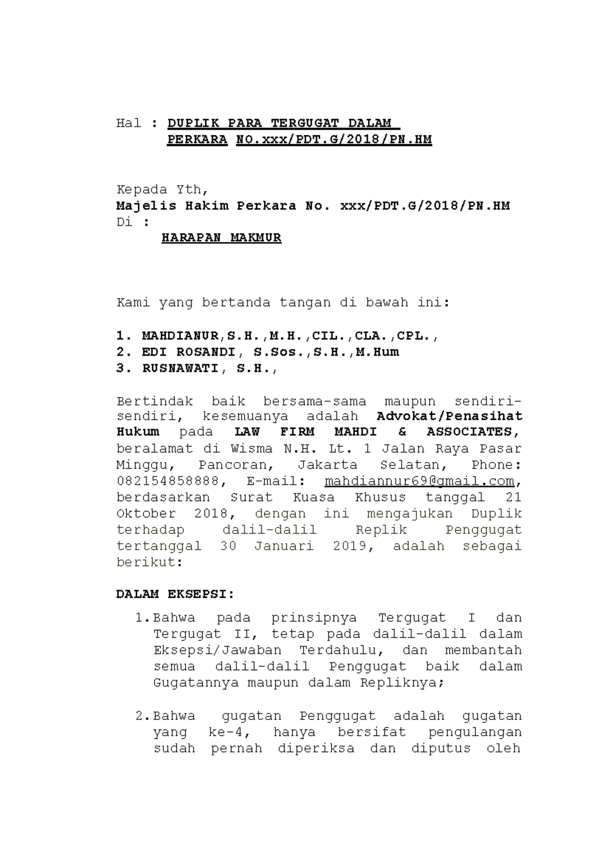 Contoh Duplik Tergugat dalam Perkara No. [Nomor Perkara] - Studocu