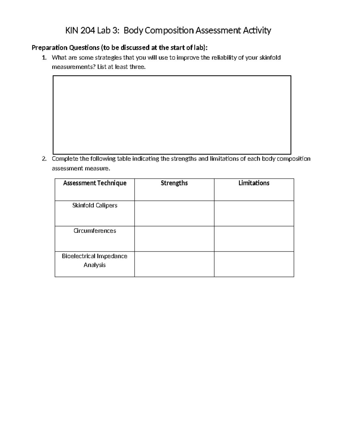 KIN 204 Lab 3: Body Composition Assessment Prep Questions & Discussion ...