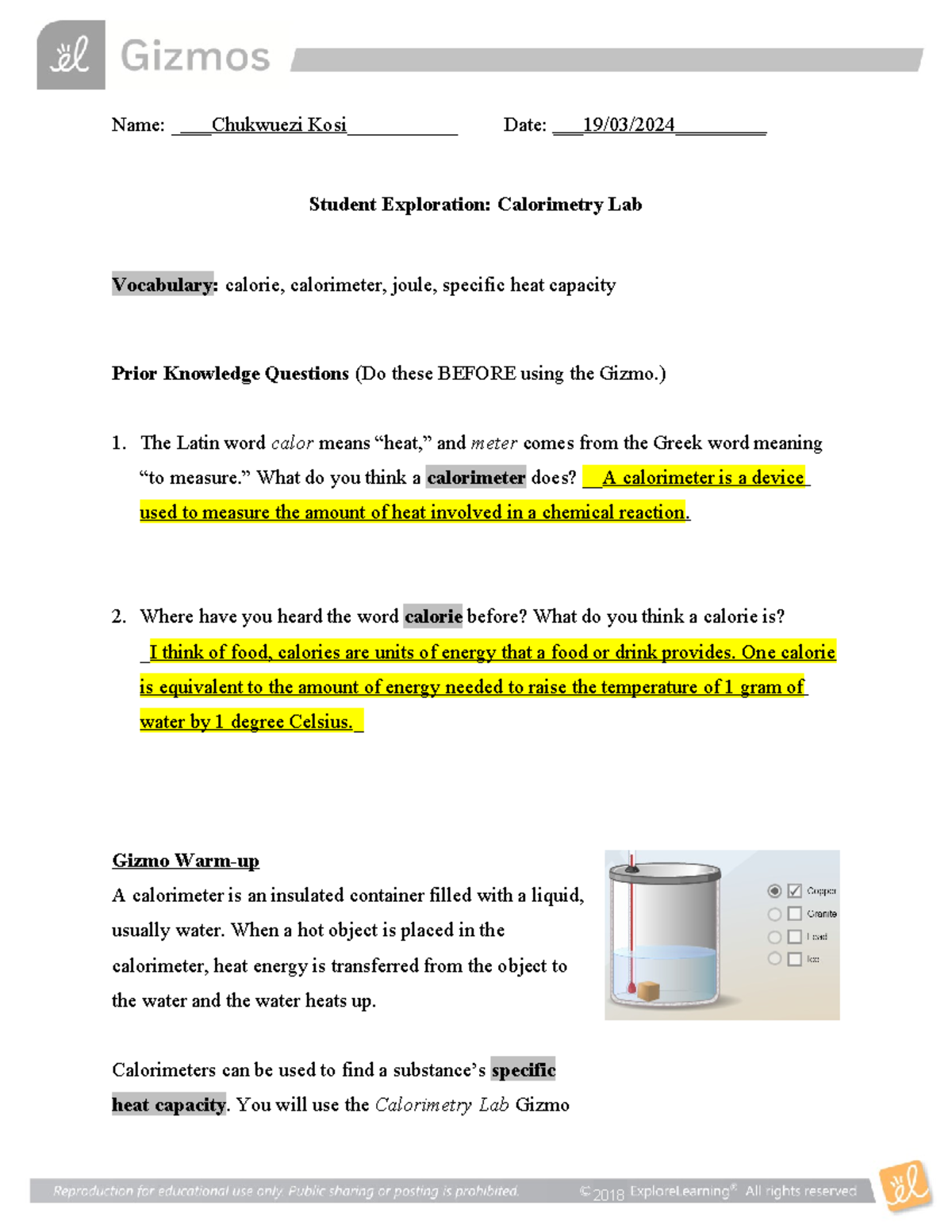 Calorimetry Lab Worksheet - Name: Chukwuezi Kosi_______ Date: 19/03 ...
