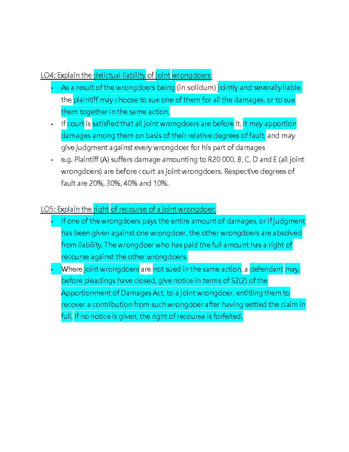 Joint Wrongdoers: Law of Delict Summary (LO4 & LO5) - Studocu