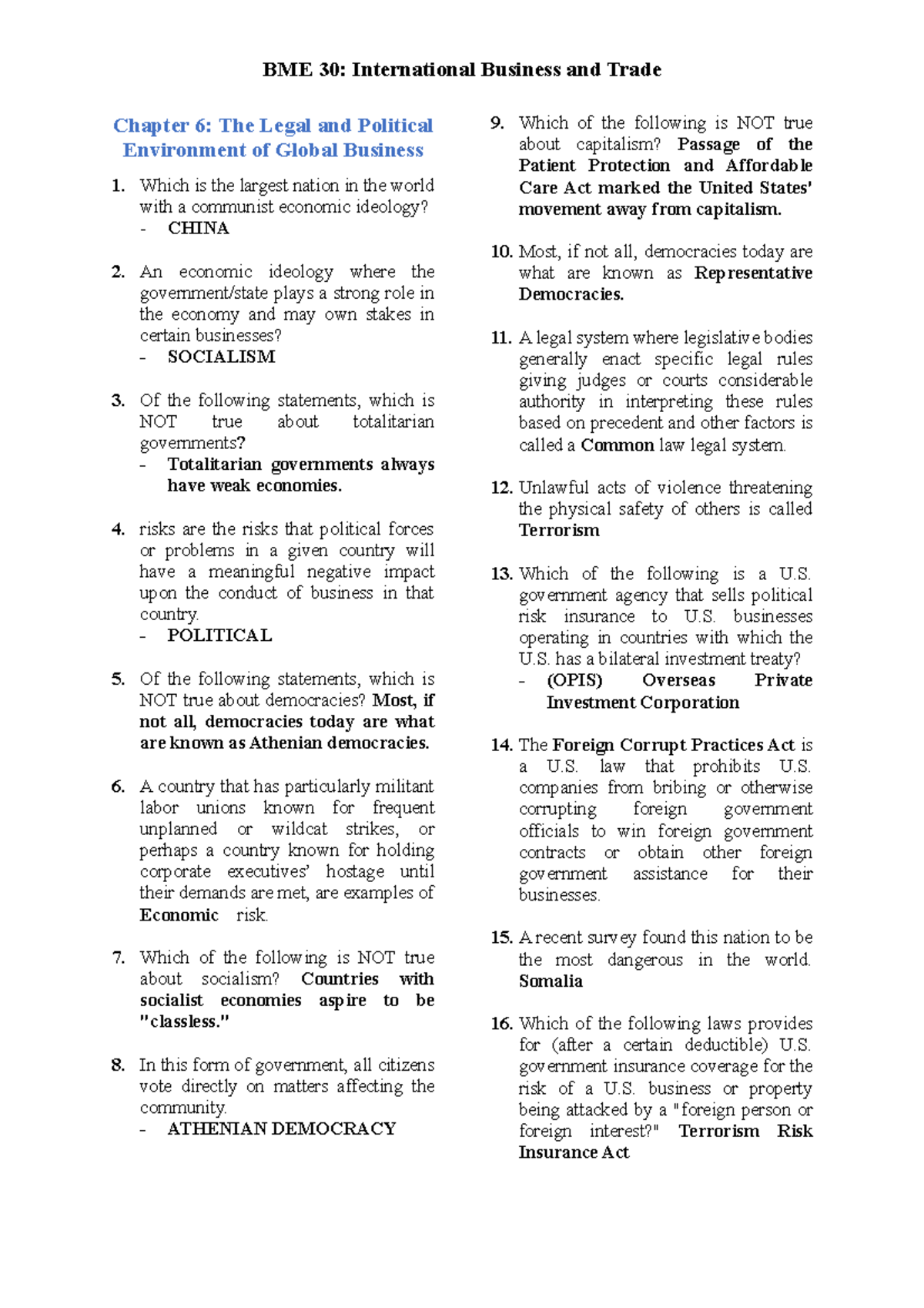 BME 30 - Midterm Quizzes (Chap6-10) - BME 30: International Business and Trade Chapter 6: The ...