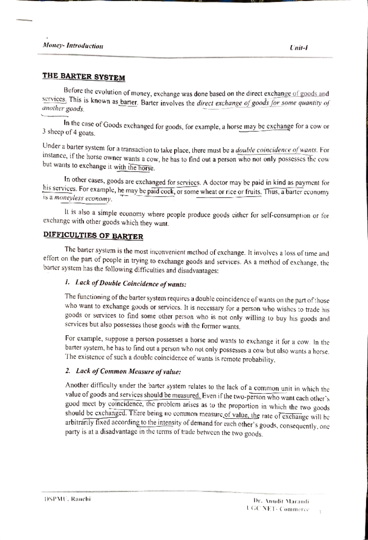 Adobe Scan 07-Nov-2024 - Unit-! Money-1ntroduction THE BARTER SYSTEM ...
