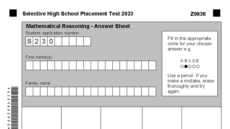 SHS 2023 Z9936 Math Placement Test Answer Sheet - Studocu