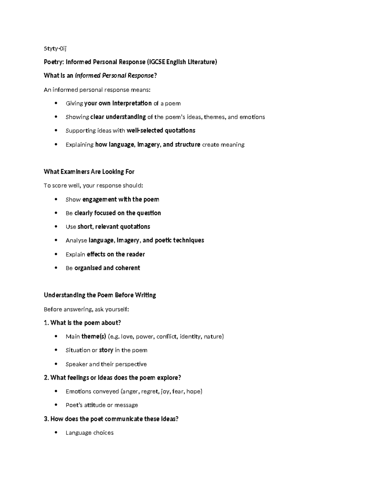Informed Personal Response Guide for Poetry (IGCSE English Lit) - Studocu