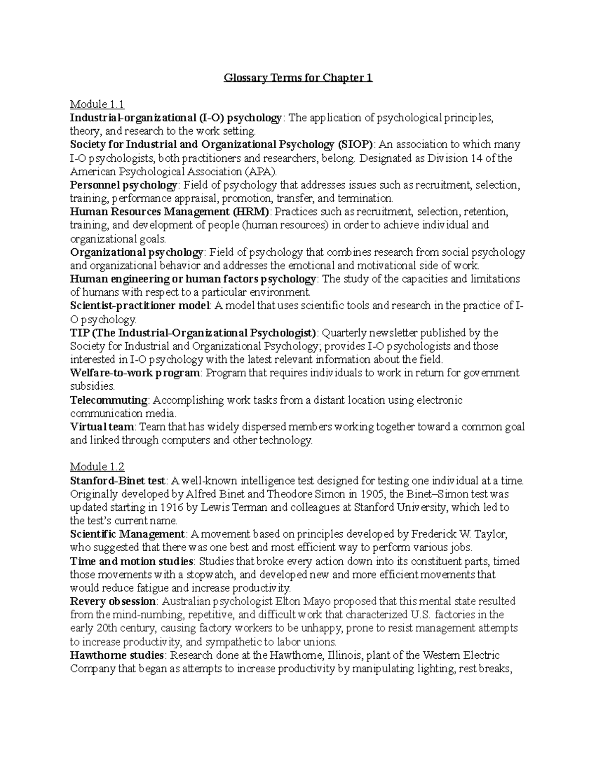 Glossary Terms for Org Psych - Chapters 1-14 (I-O Psychology) - Studocu