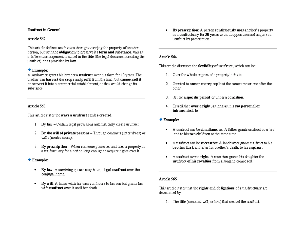 Usufruct - Comprehensive Review of Rights and Obligations - Studocu