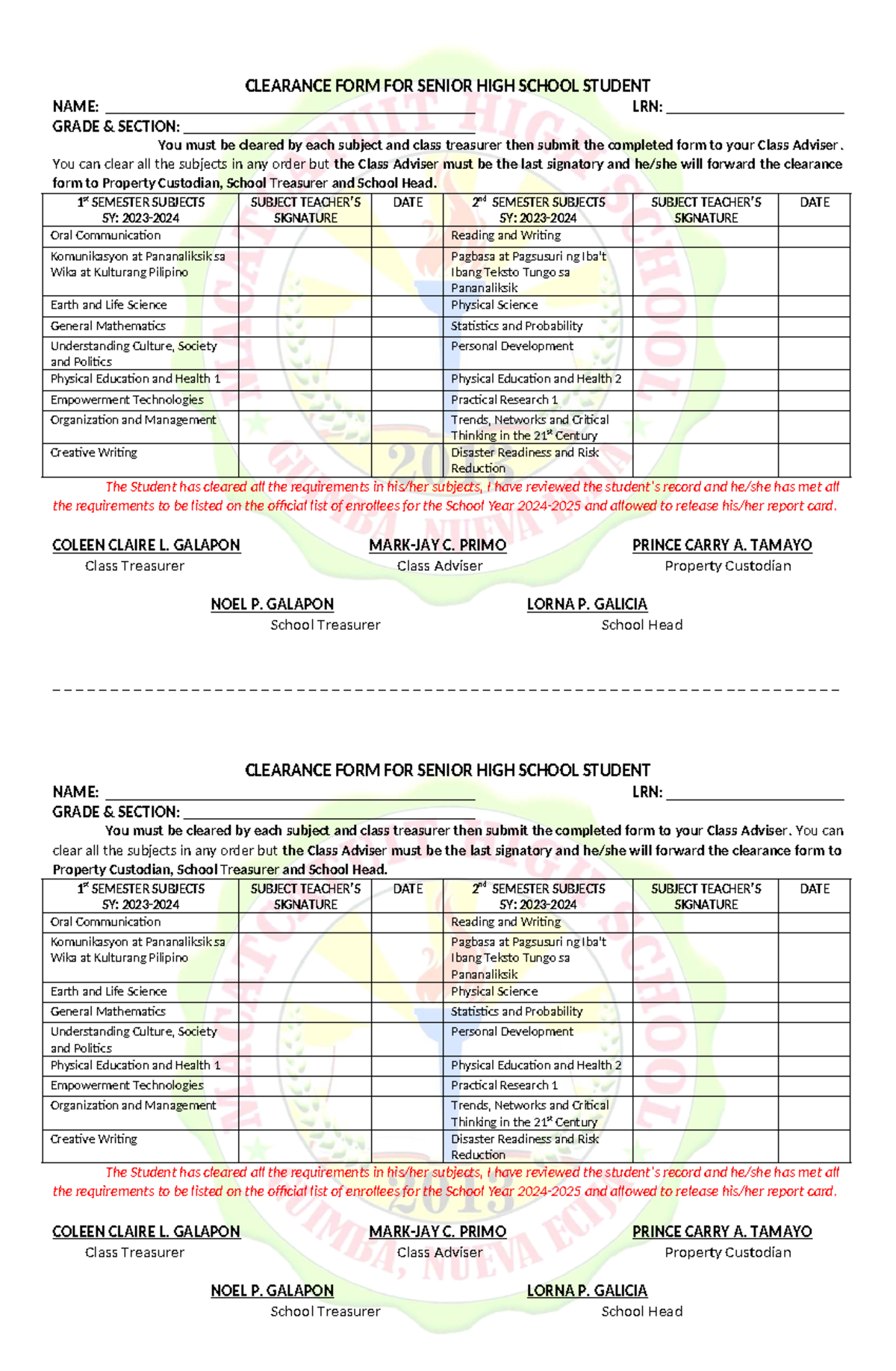 Clearance Form for Senior High School G12 Students - Studocu