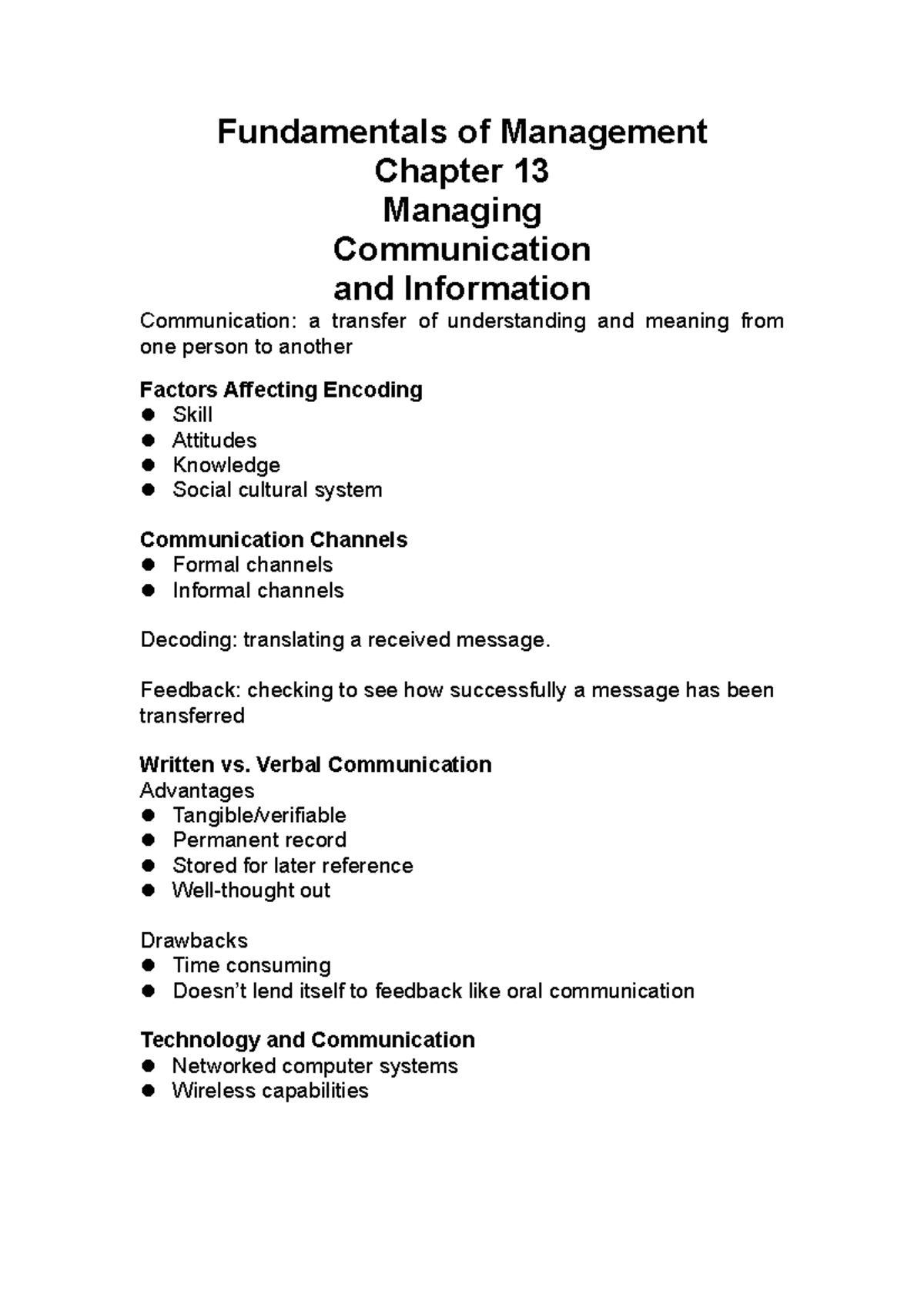 Fundamentals of Management CH 13: Managing Communication & Info - Studocu