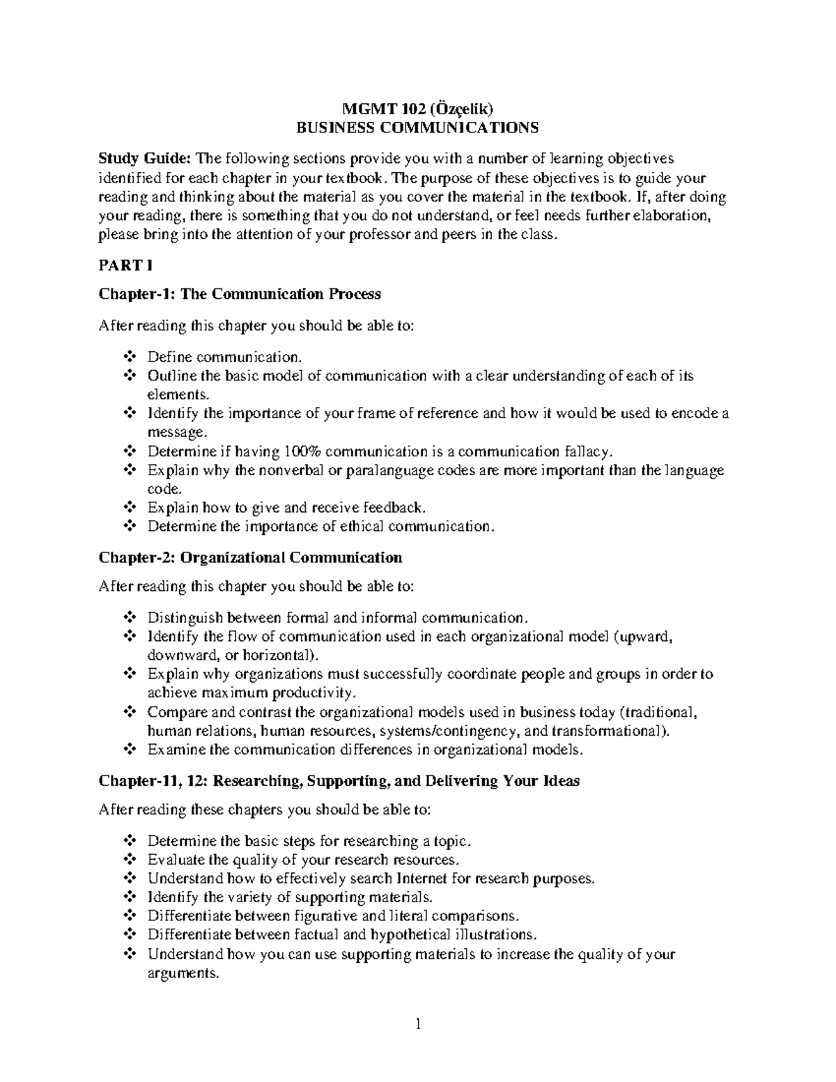 Business Communications Study Guide for MGMT 102: Key Concepts and ...