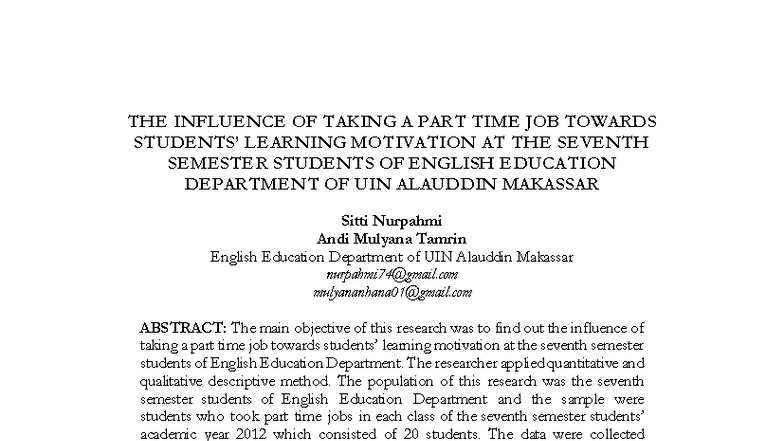 THE INFLUENCE OF PART TIME JOBS ON LEARNING MOTIVATION IN ENGLISH ...