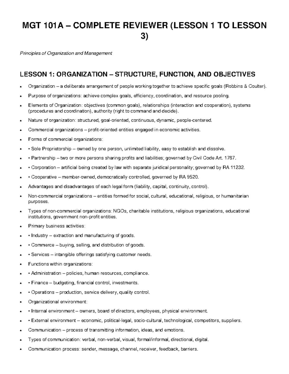 MGT 101A Comprehensive Reviewer: Lessons 1-3 on Org & Mgmt Principles ...